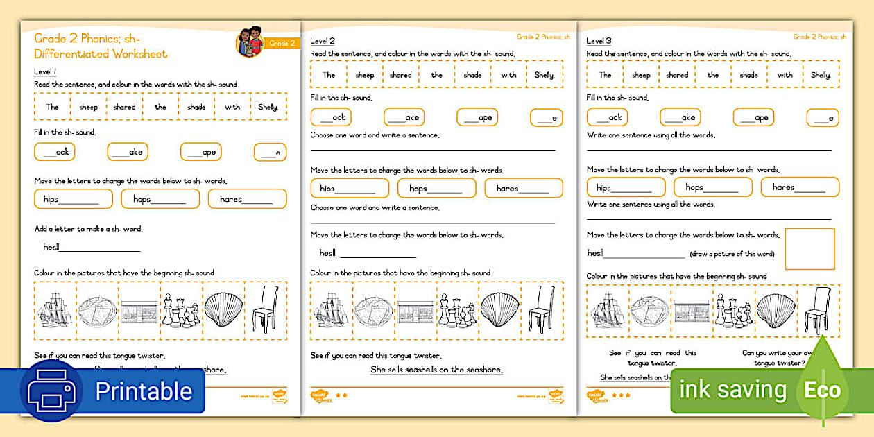 Grade2 Phonics: sh-: Differentiated Worksheets - Twinkl