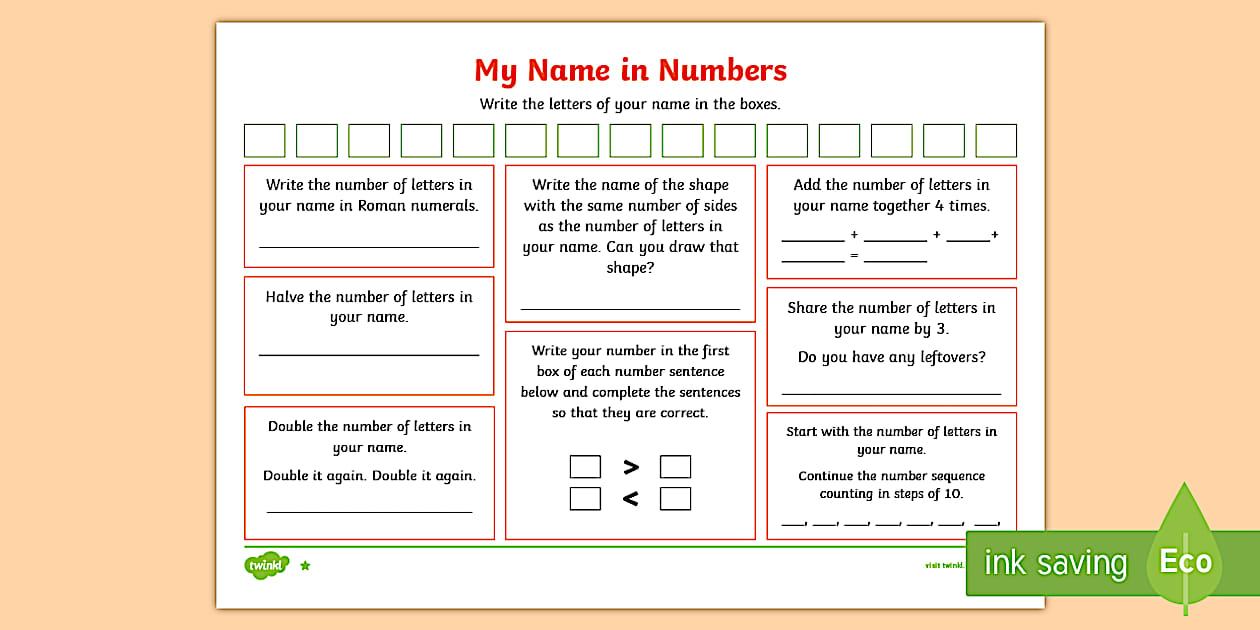 My Name in Numbers Activity Sheet – 7 - 9 (teacher made)