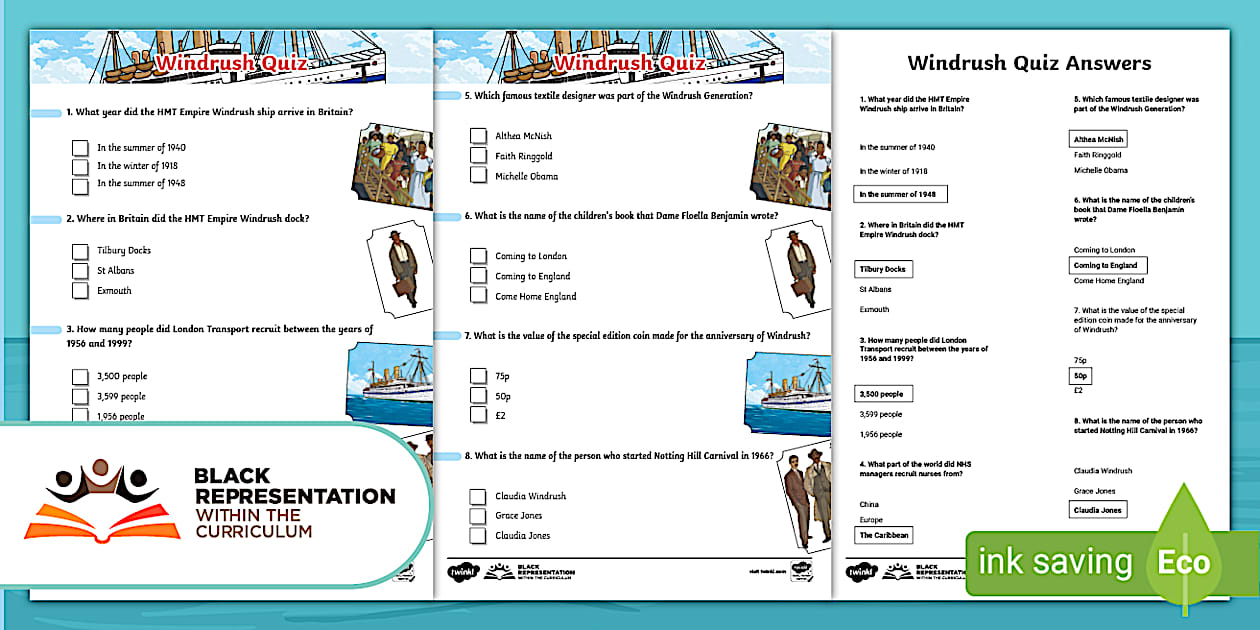 Windrush Quiz Activity Sheet - KS2 (teacher made) - Twinkl