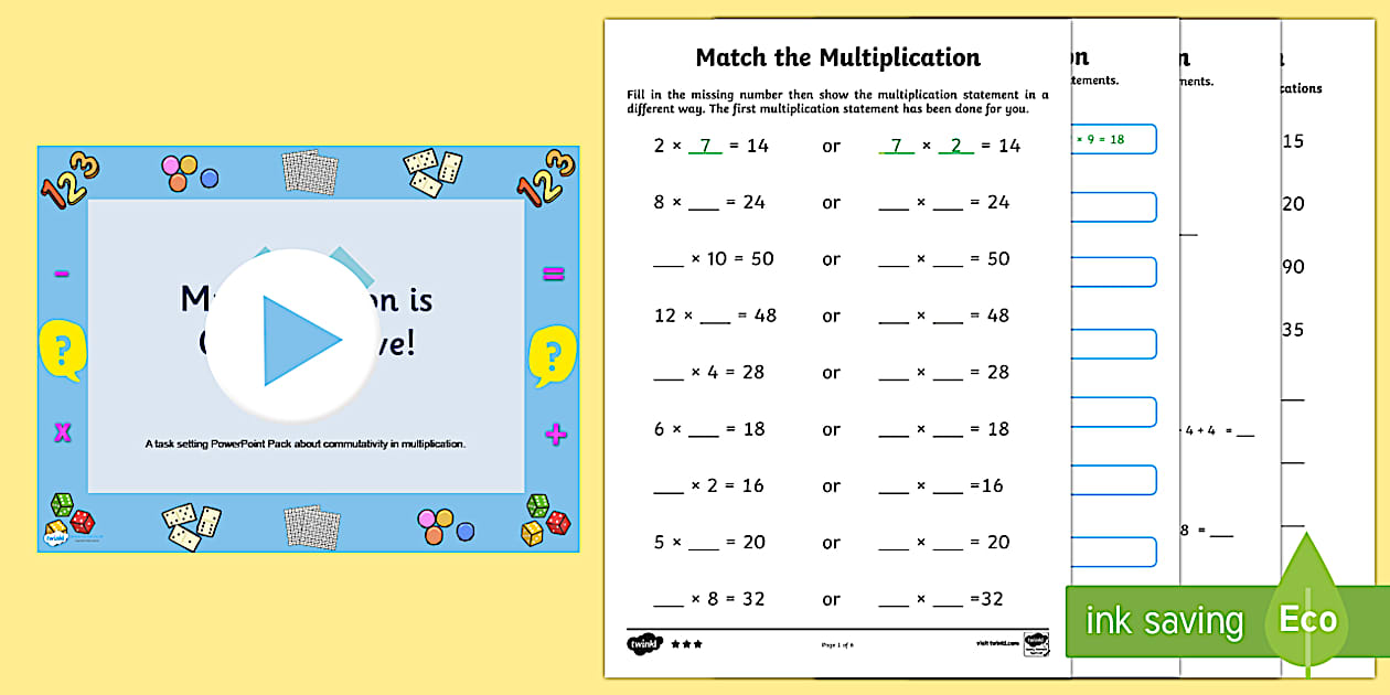 Multiplication Commutativity Task Setter Powerpoint with Worksheets