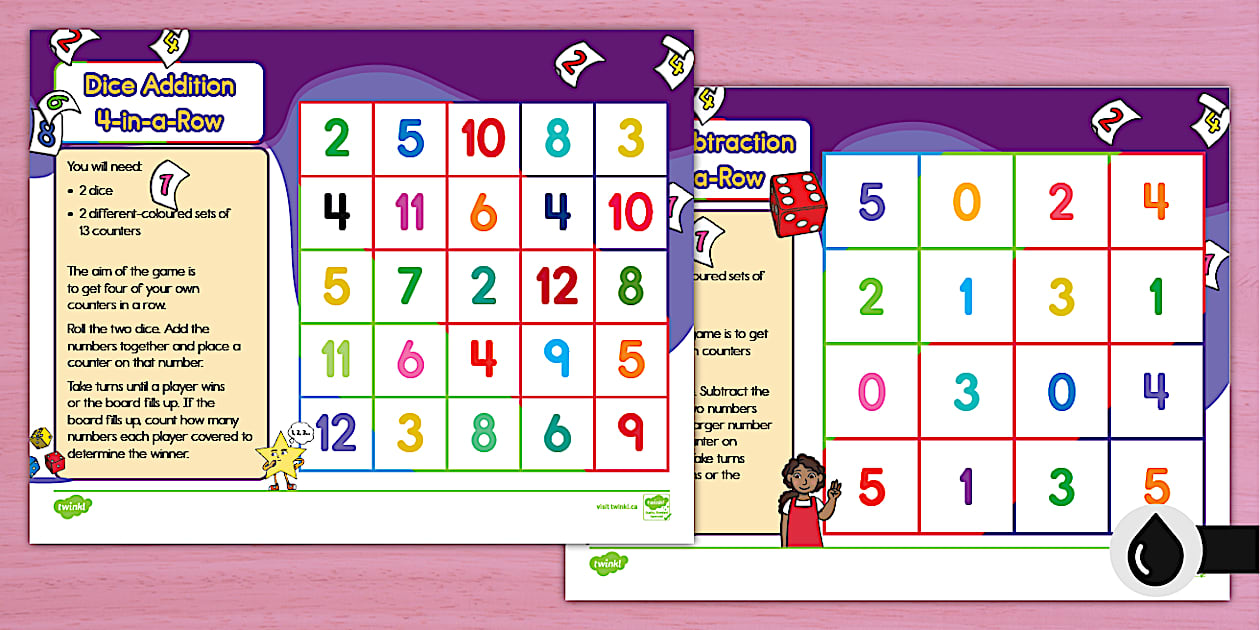 Four in a Row Addition and Subtraction Dice Games - Twinkl
