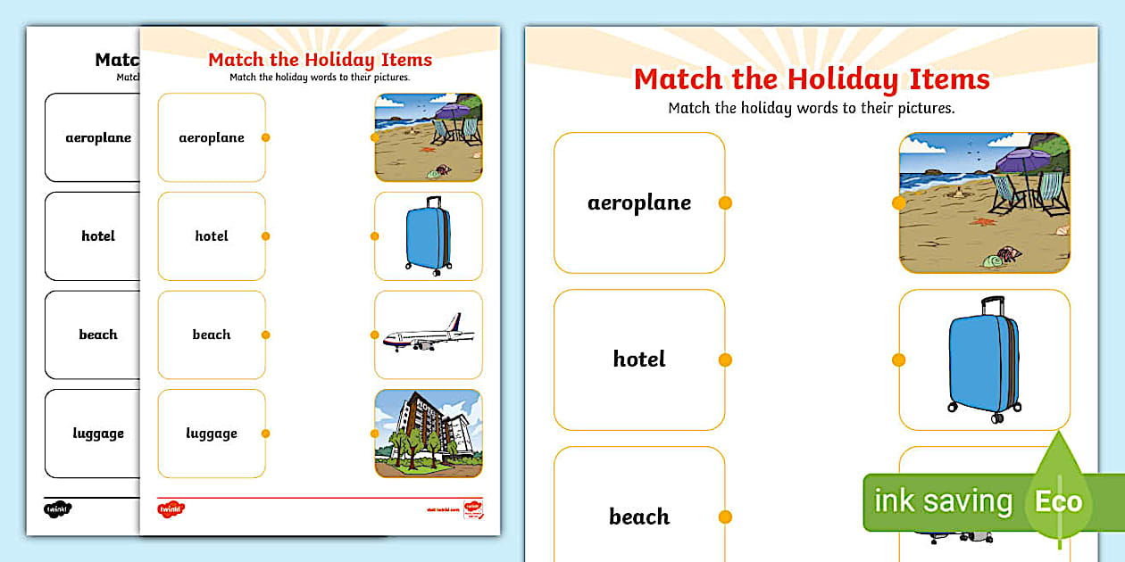 Holiday Matching Worksheet (teacher made) - Twinkl
