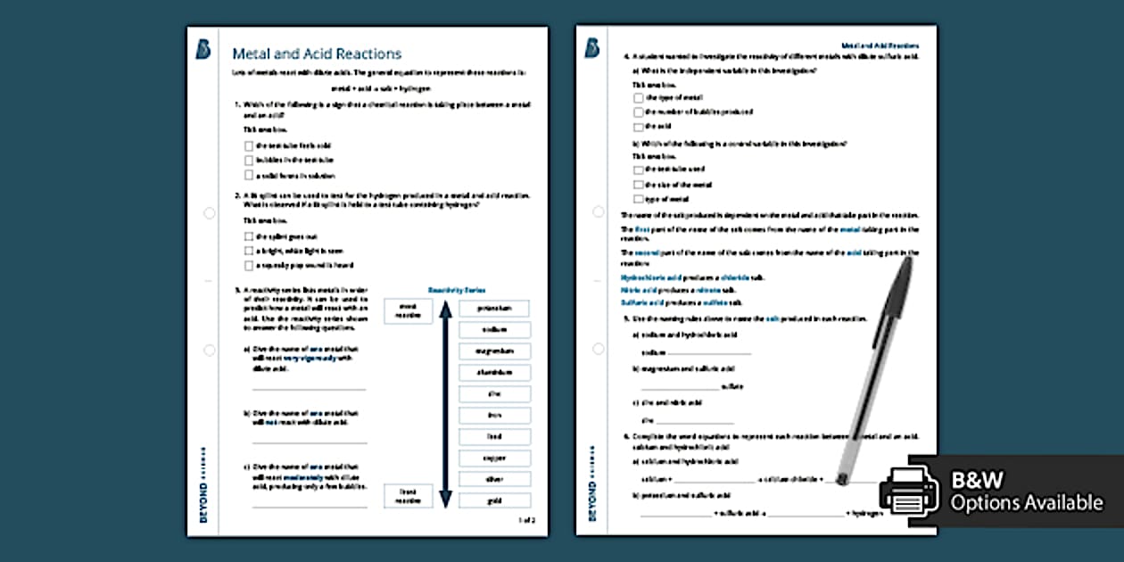 KS3 Metal and Acid Reactions Homework Worksheet - Twinkl