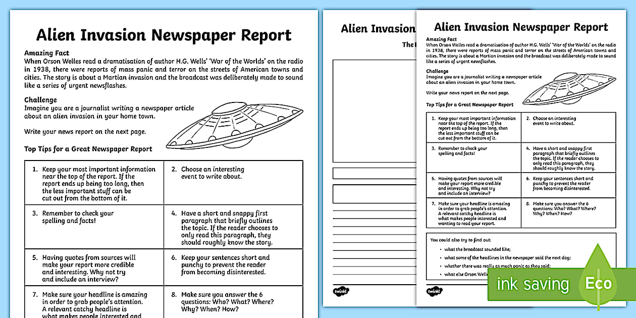 Spaceship News Writing Template | Alien Invasion Report