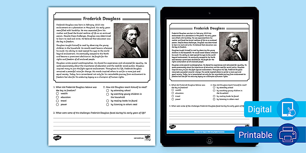 Fifth Grade Frederick Douglass Reading Comprehension Activity