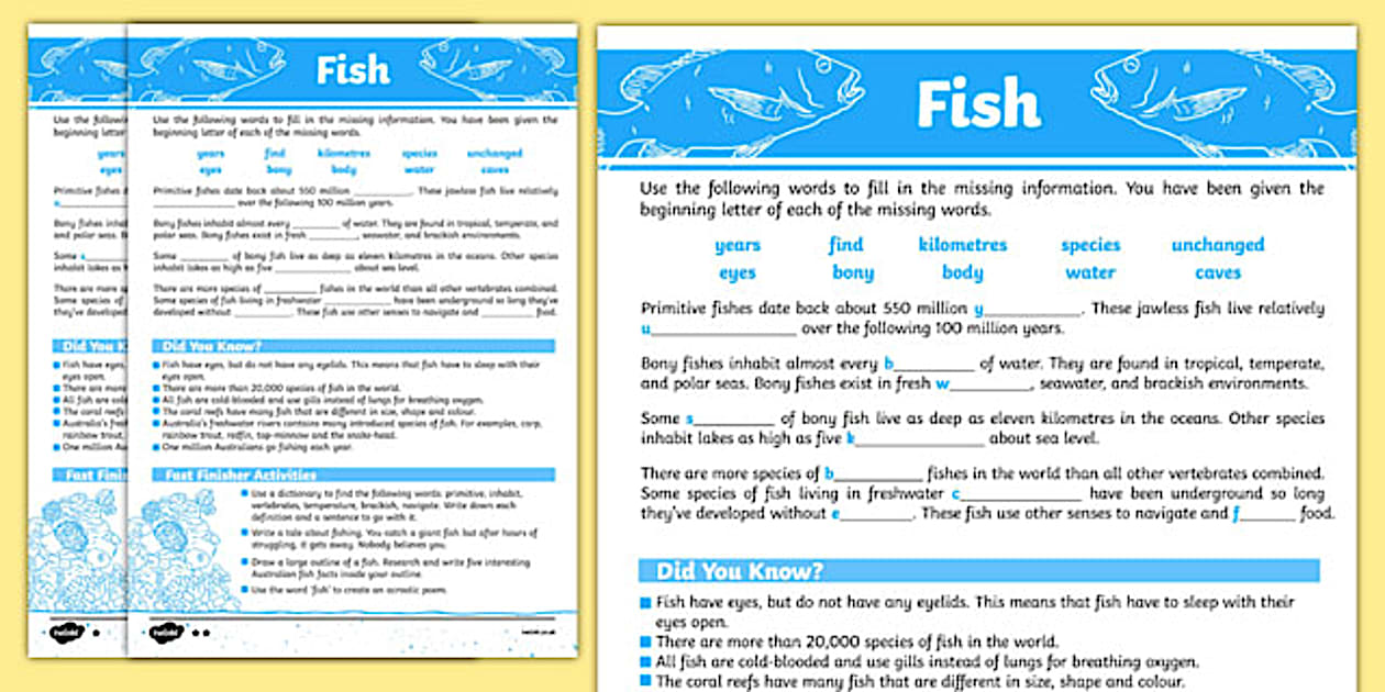Lower Ability Australian Animals Years 3-6 Fish Differentiated Cloze ...