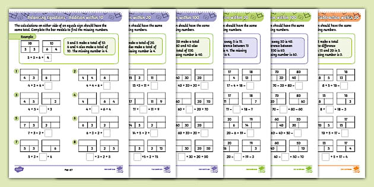 KS1 Addition and Subtraction Balancing Equations Worksheet Pack