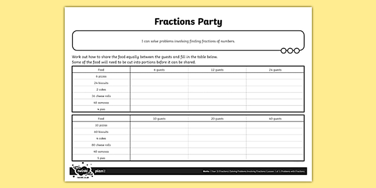 Fractions Party Worksheet / Worksheet (teacher made)