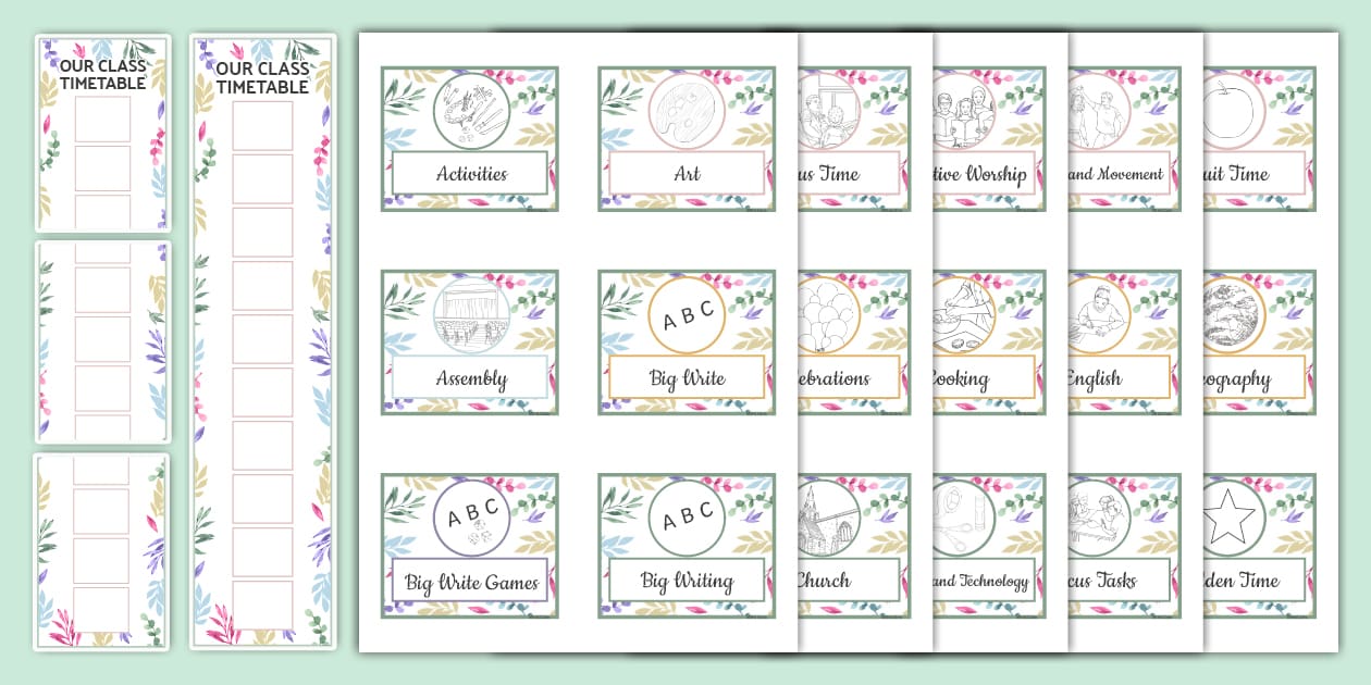 Colourful Botanical Visual Timetable with Cards - Twinkl