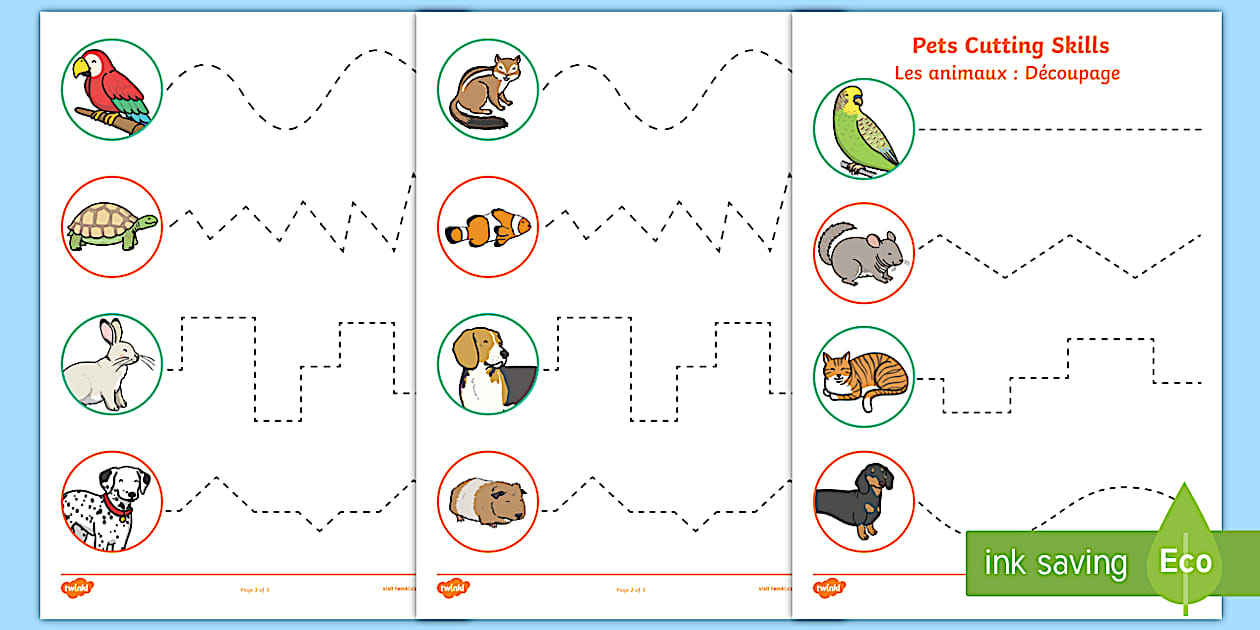Pets Themed Cutting Skills Worksheet English/French - Twinkl