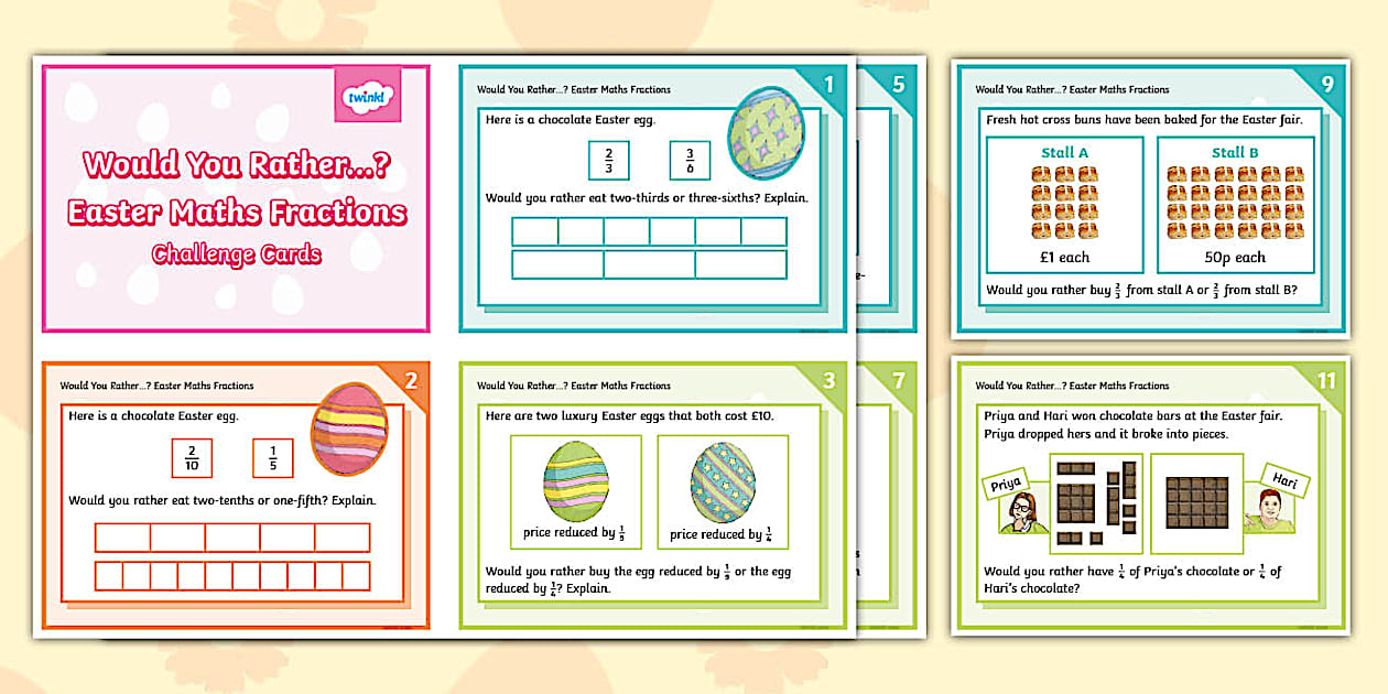 👉 Would you Rather...? Easter Maths Fractions Challenge Cards