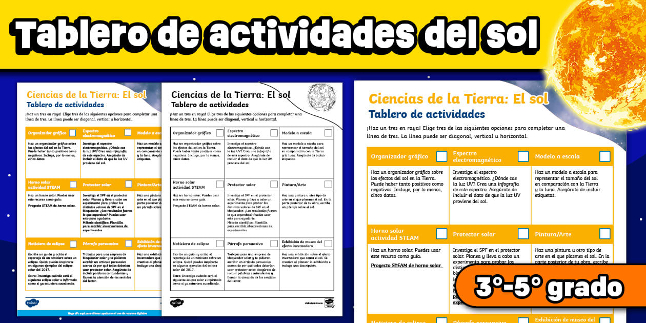 Tablero de actividades sobre el sol para 3°-5° grado