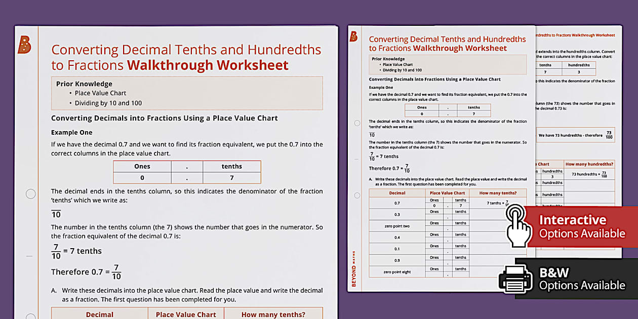 Converting Decimal Tenths and Hundredths to Fractions Worksheet