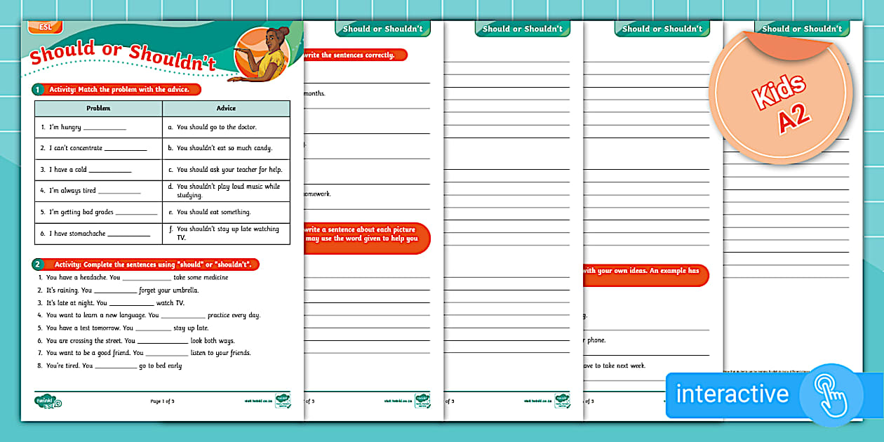 ESL Should or Shouldn't Worksheet [Kids, A2] - Twinkl