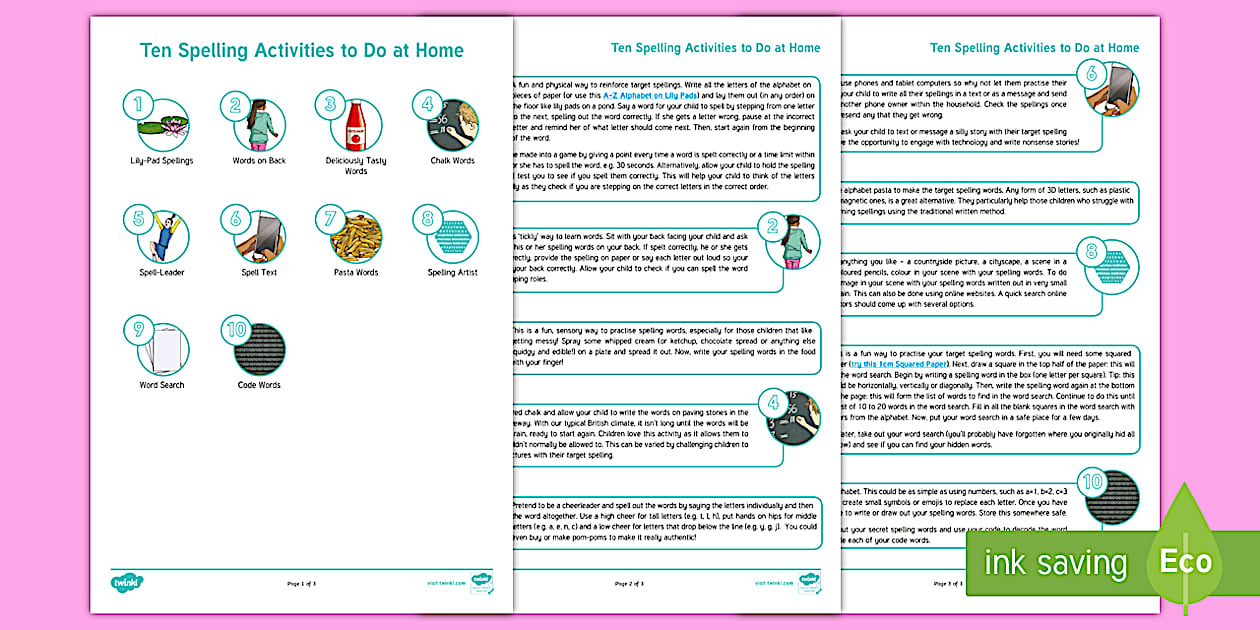 Ten Spelling Activities to Do at Home Checklist - Twinkl