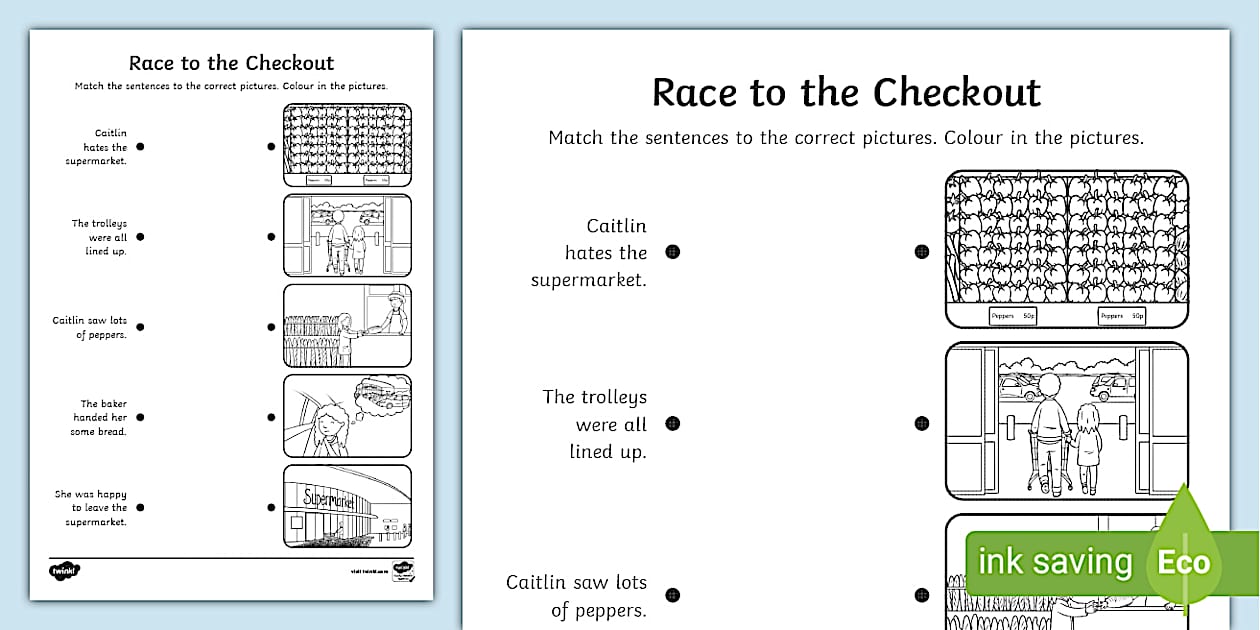 Race to the Checkout Sentence and Picture Matching Worksheet / Worksheet