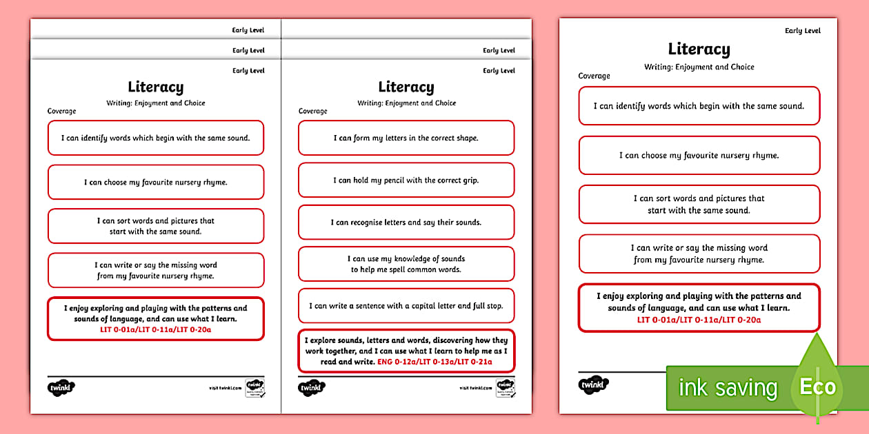 Editable CfE Early Level Literacy and English (Writing) Child-Friendly