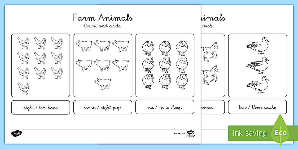A1 Ficha de actividad: Cuenta animales de la granja 1-10 en inglés
