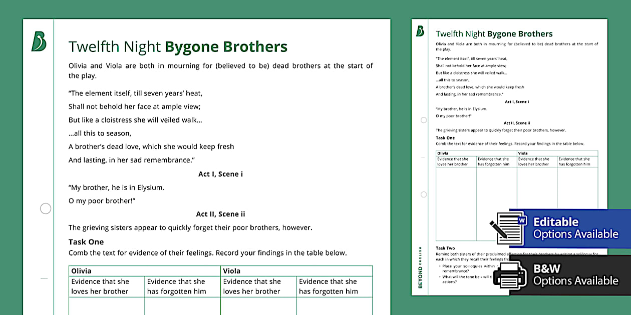 Twelfth Night: Bygone Brothers Worksheet | GCSE Shakespeare