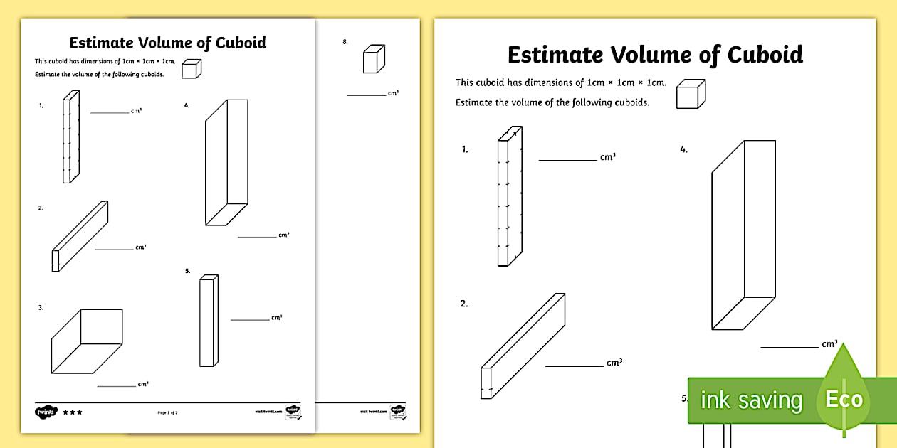 Year 6 Estimate Volume of Cuboids Differentiated Worksheet / Worksheets