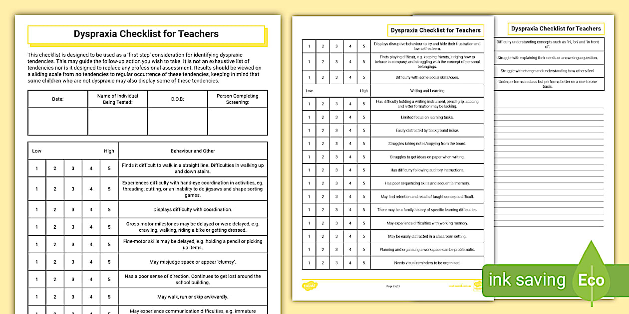 Dyspraxia Initial Screening Checklist for Teachers - Twinkl