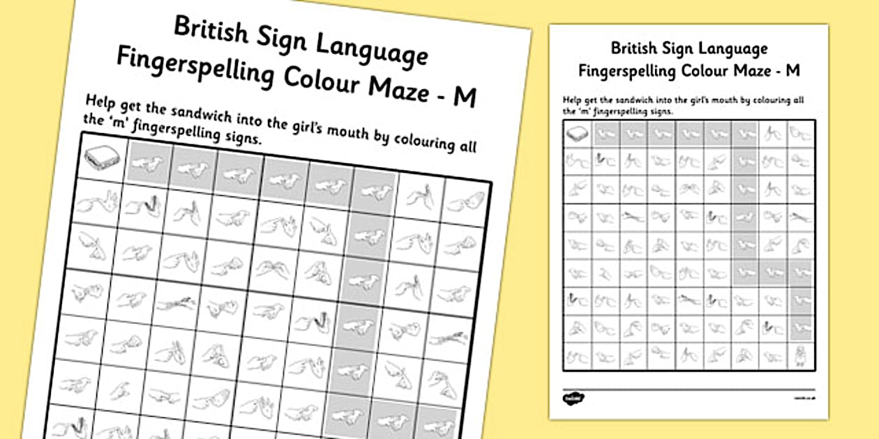 British Sign Language Fingerspelling Colour Maze M - Twinkl