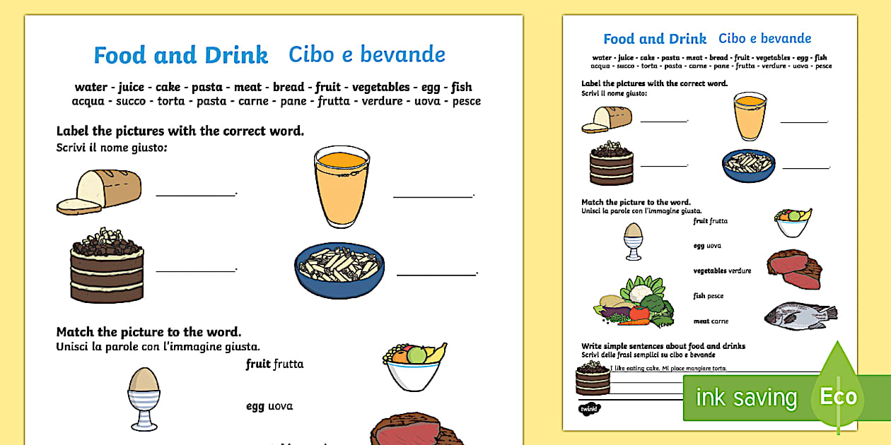 Editable Food and Drink Worksheet English/Italian - Twinkl