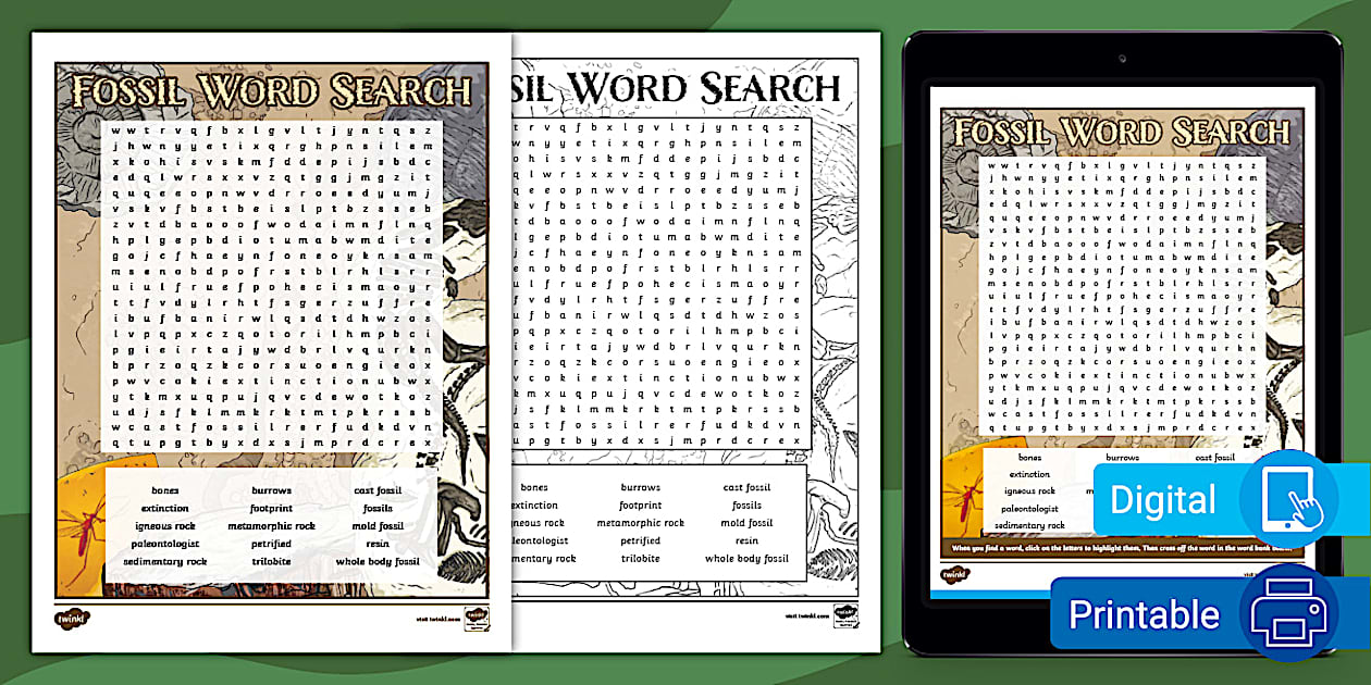 Fossils Word Search Activity for 6th-8th Grade | Twinkl USA