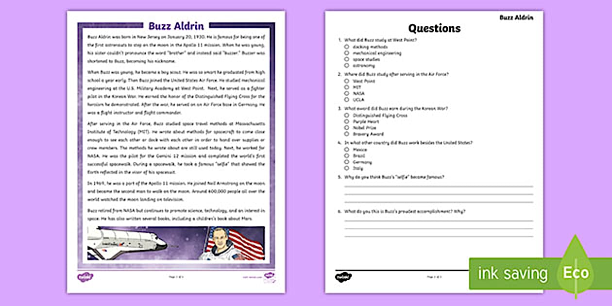 Editable Fourth Grade Buzz Aldrin Reading Comprehension Worksheet