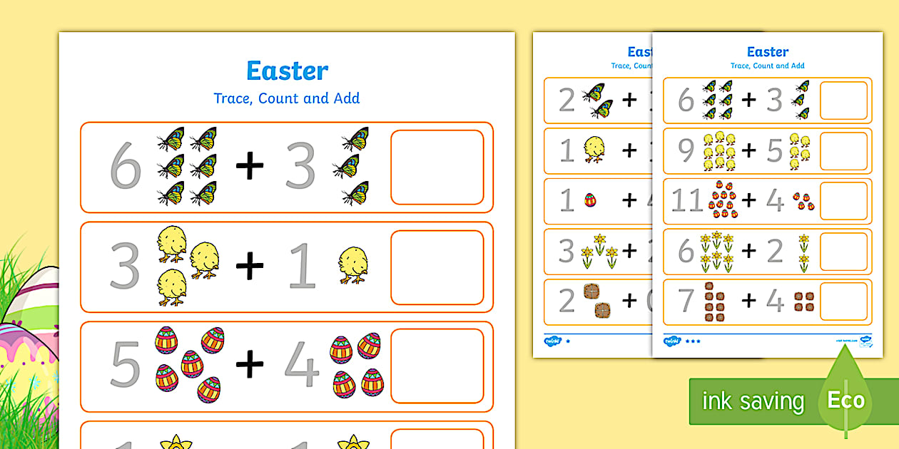 Lower Ability Easter Trace, Count and Add Worksheet - Twinkl