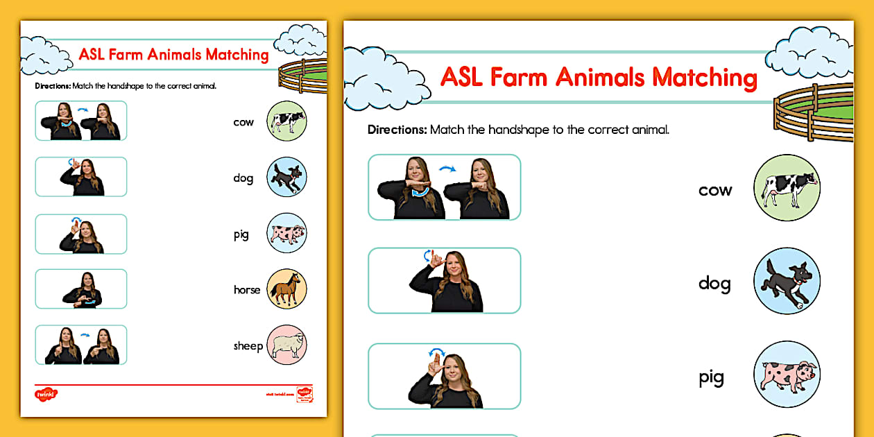 ASL Farm Animals Matching Worksheet (l'enseignant a fait)