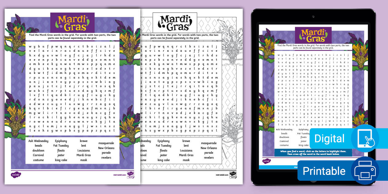 Mardi Gras Word Search for 6th-8th Grade (teacher made)