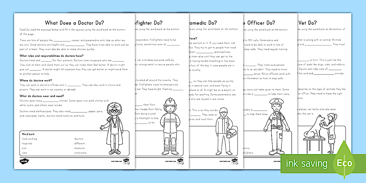 Second Grade Community Helpers Cloze Reading Pack - Twinkl