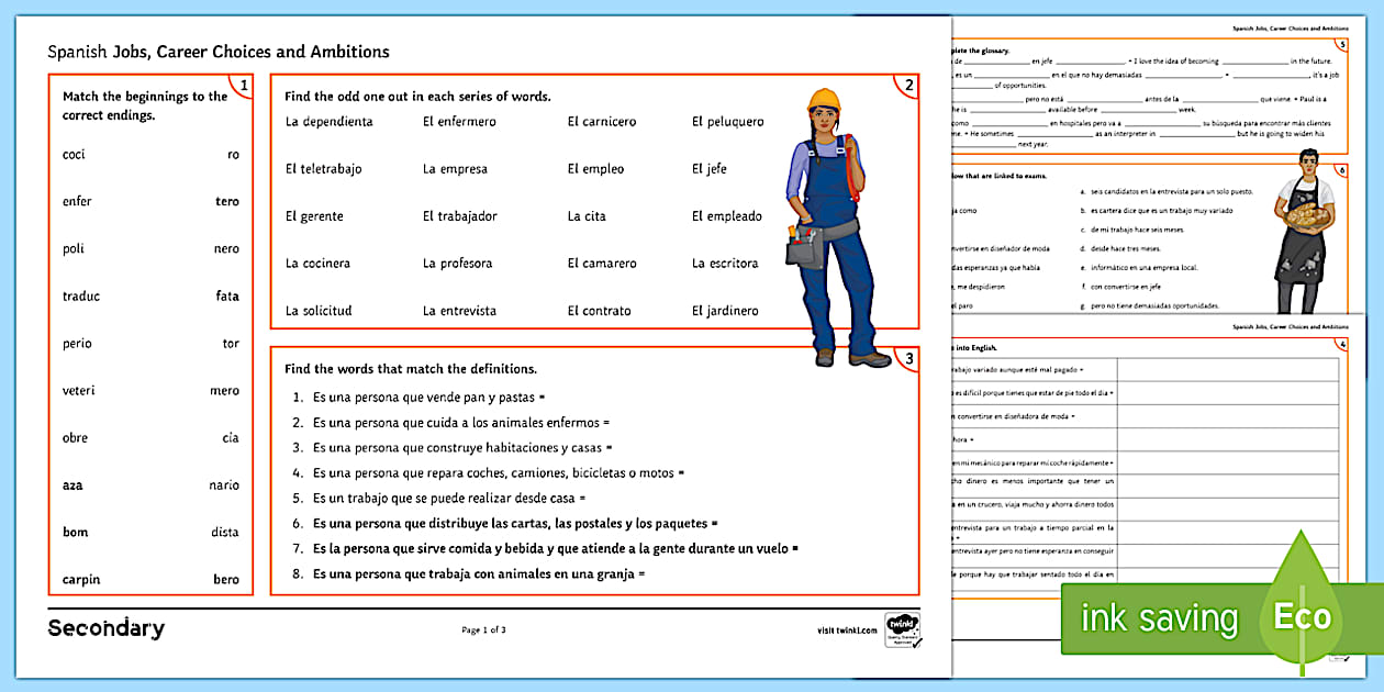 Jobs, Career Choices and Ambitions Activity Mat - - Spanish