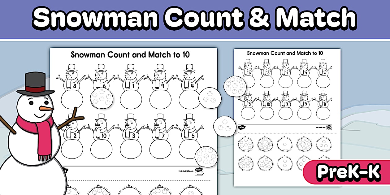 Snowman Count and Match to 10 Cut and Paste Worksheet