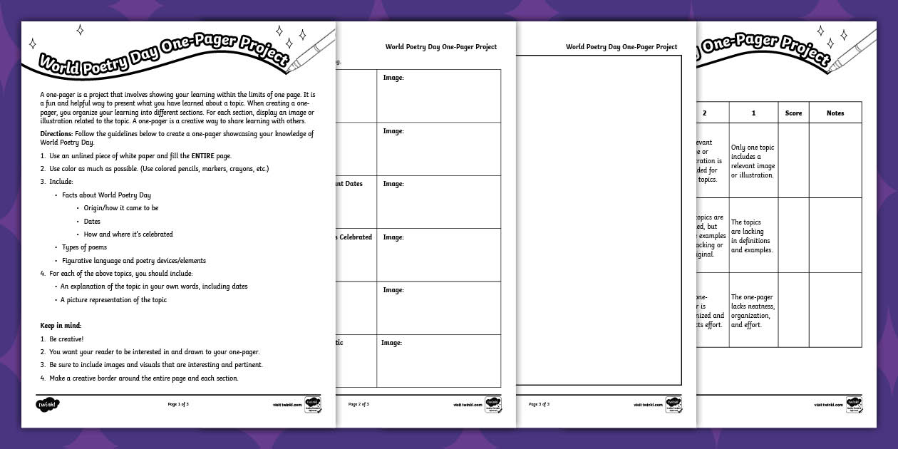 World Poetry Day One-Pager Project for 3rd-5th Grade