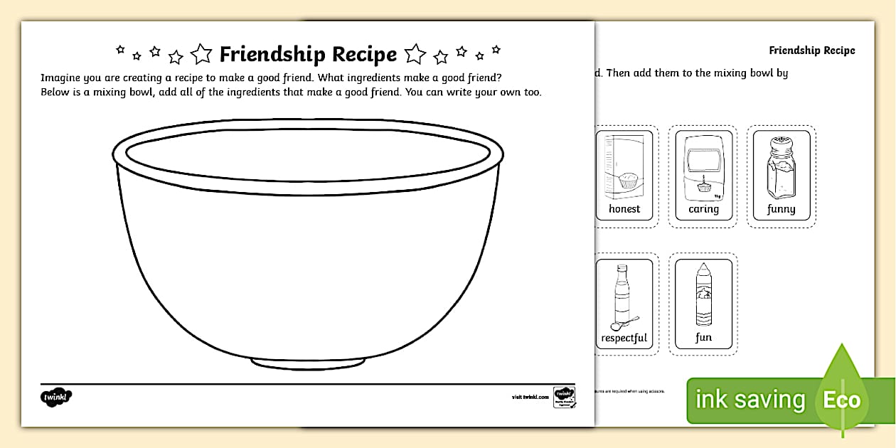 Friendship Recipe Activity, Caring friend,Friendships KS1
