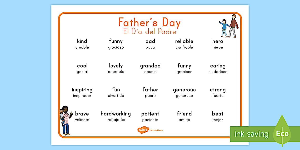 Father's Day Word Mat English/Spanish - Fathers Day Descriptive Word Mats