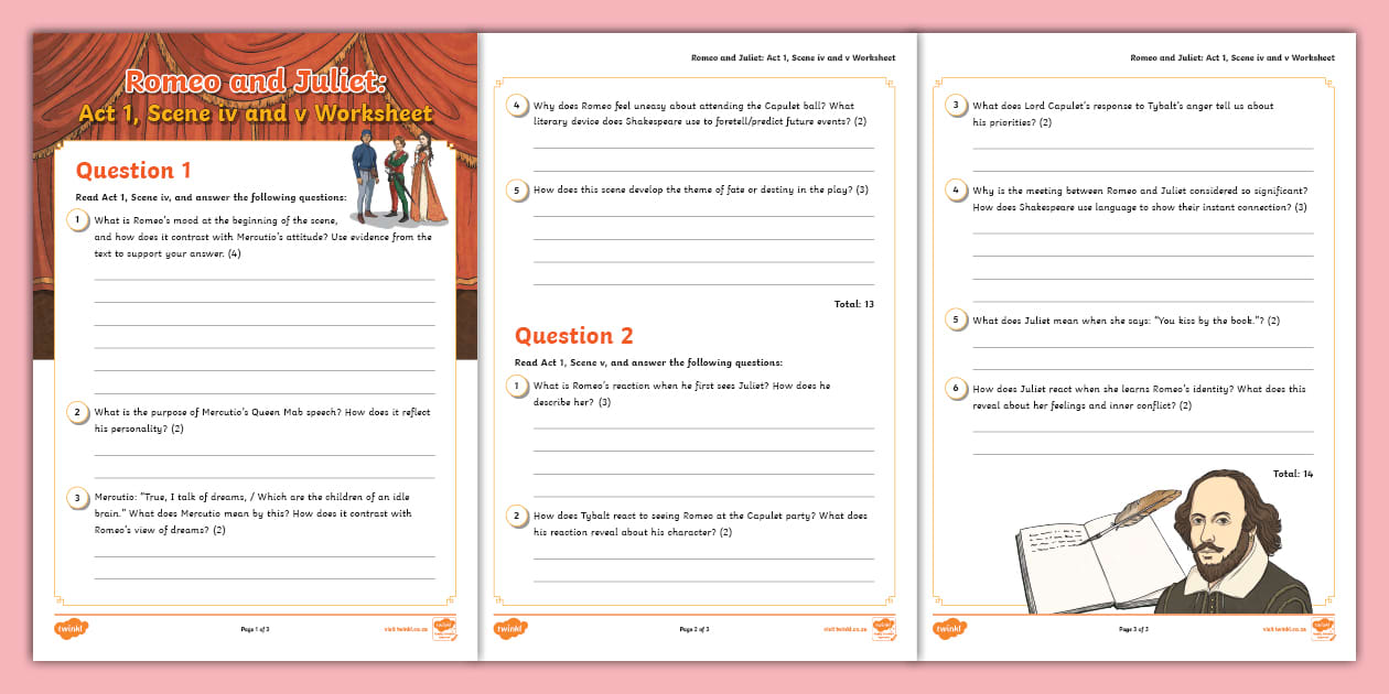 Romeo and Juliet: Act 1, Scene iv and v Worksheet - Twinkl