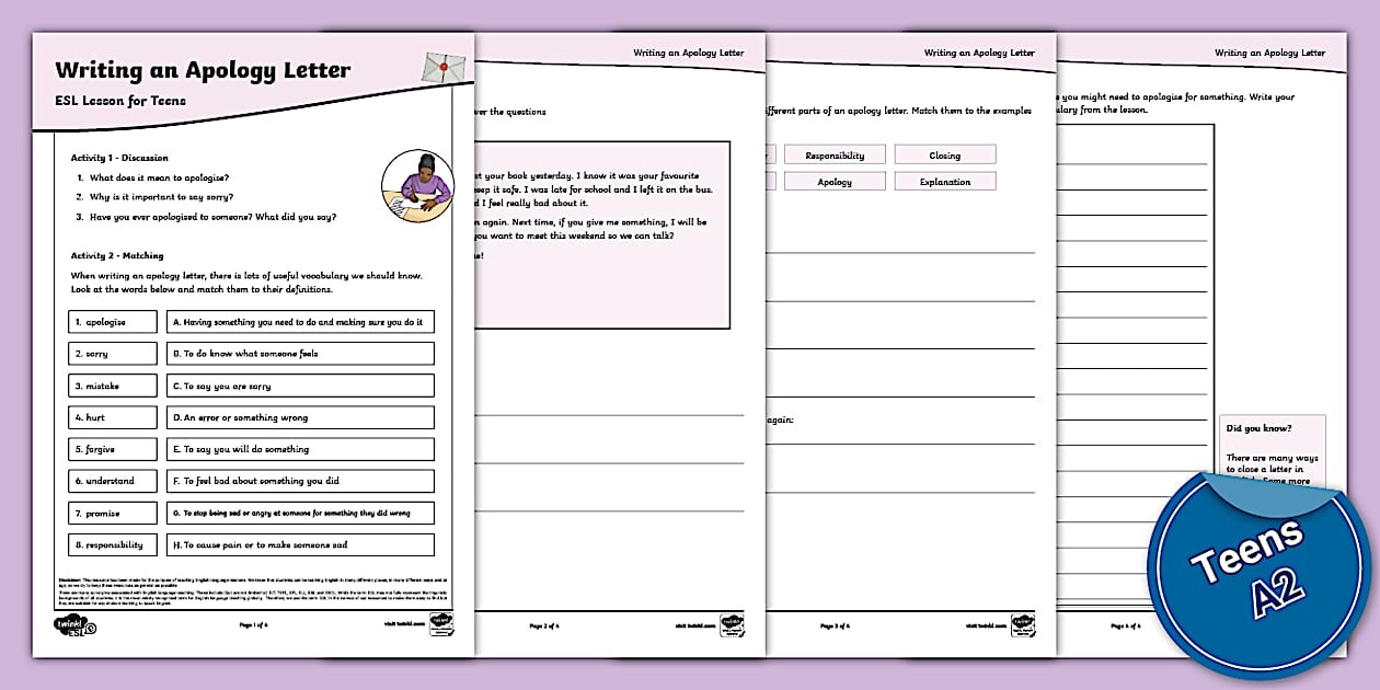 Twinkl ESL Writing an Apology Letter (teacher made) - Twinkl