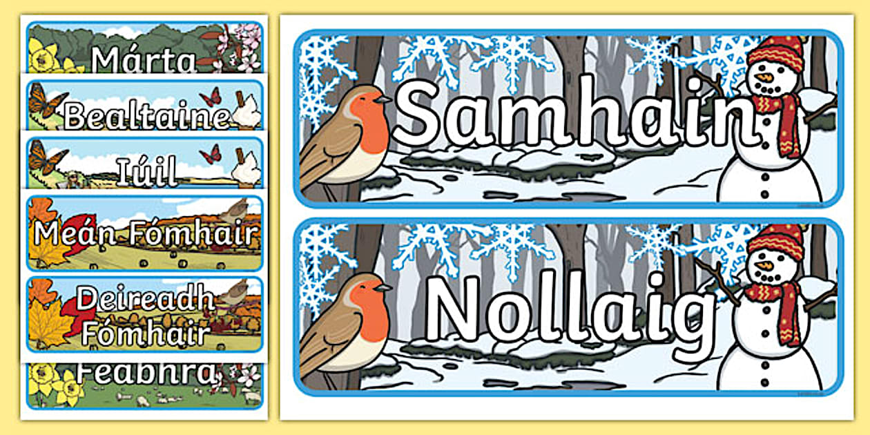 Months of the Year With Seasons Theme Display Posters Gaeilge