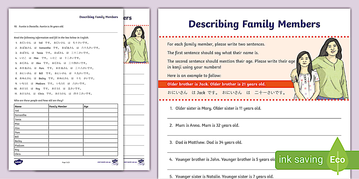 Describing Family Members Worksheet (teacher made) - Twinkl