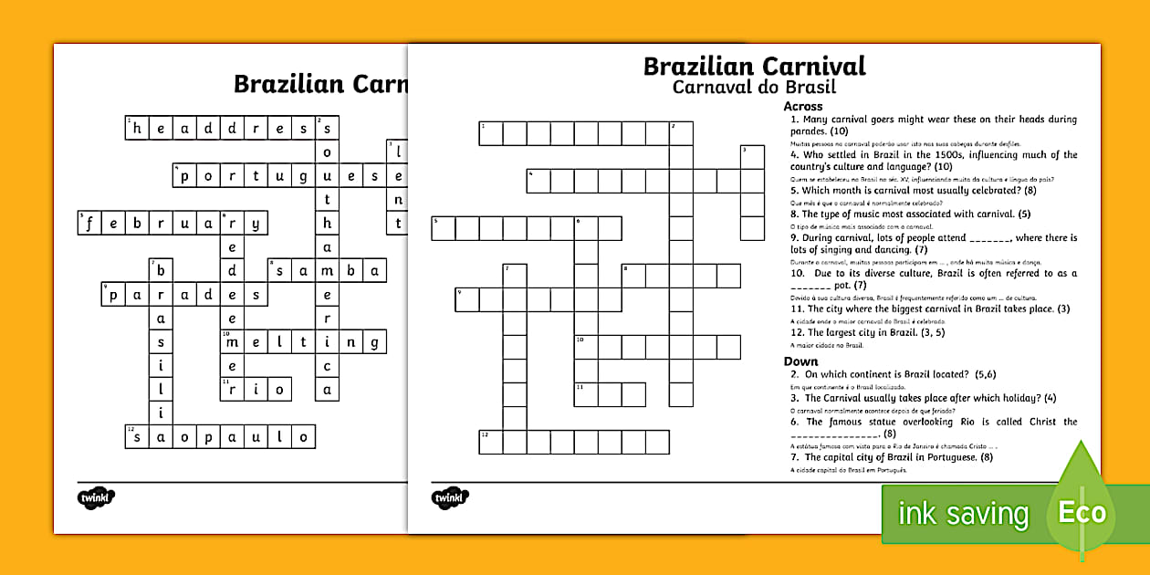 Brazilian Carnival Crossword English/Portuguese - Twinkl