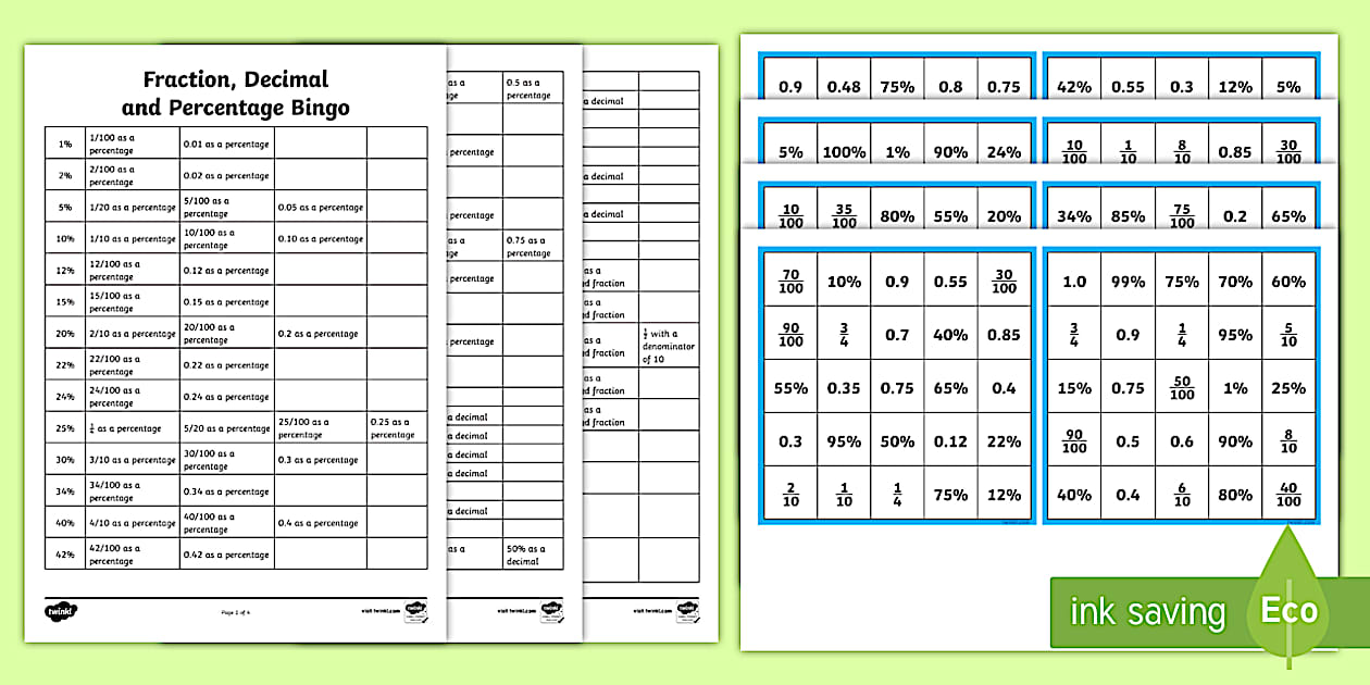 Fractions Decimals and Percentages Bingo - Twinkl