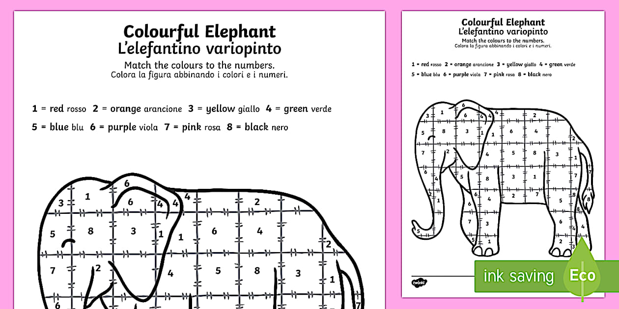 Colourful Elephant Colour by Number Sheet English/Italian - Elmer Colour by