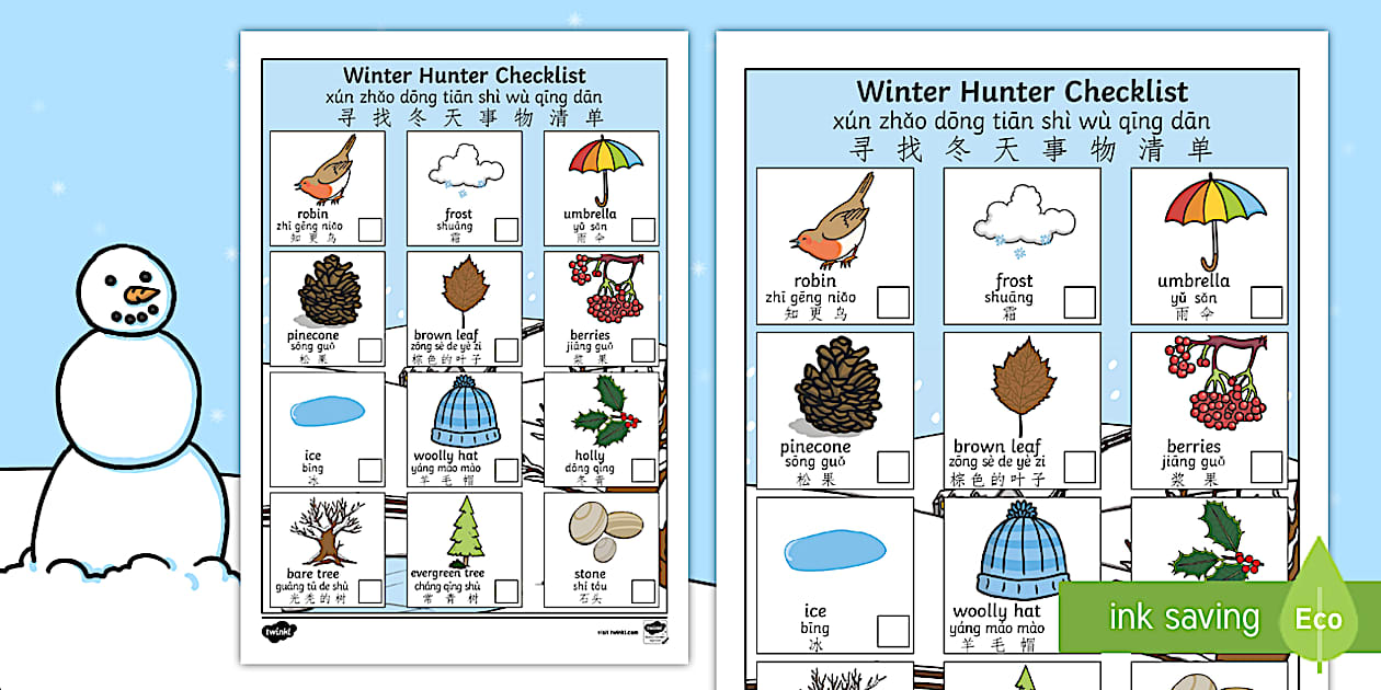 Winter Hunt Checklist English/Mandarin Chinese/Pinyin