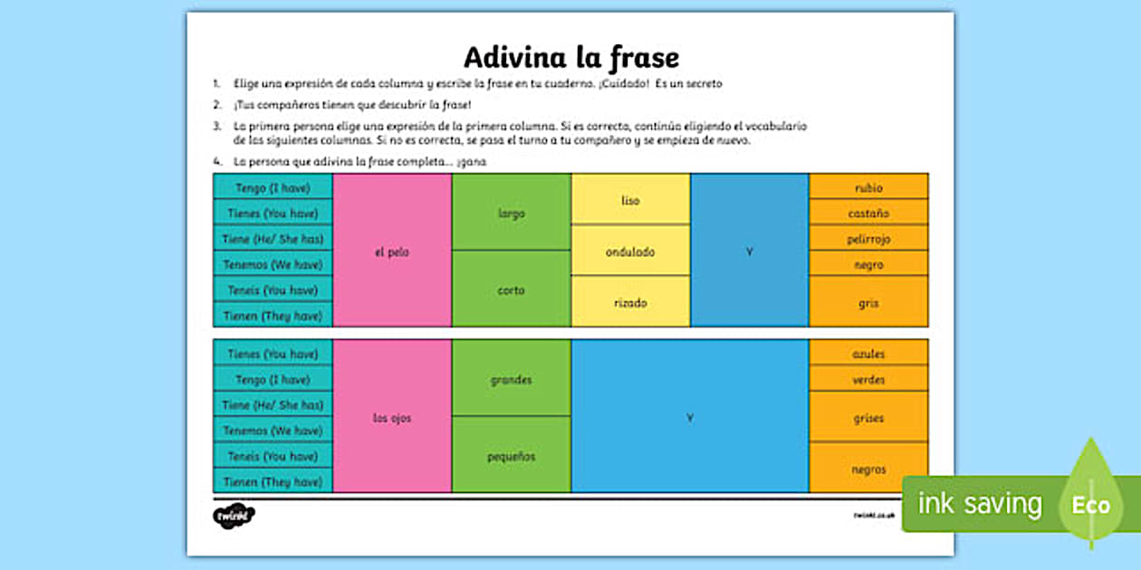 Physical Description Guess The Sentence Game Spanish