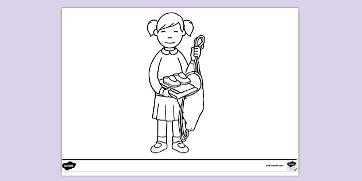 Girl Putting PE Kit Into Bag Colouring Sheet (teacher made)