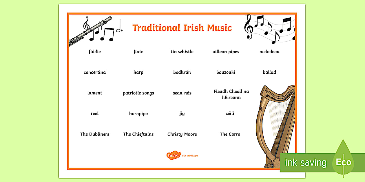 Black and White Traditional Irish Music Word Mat - Twinkl