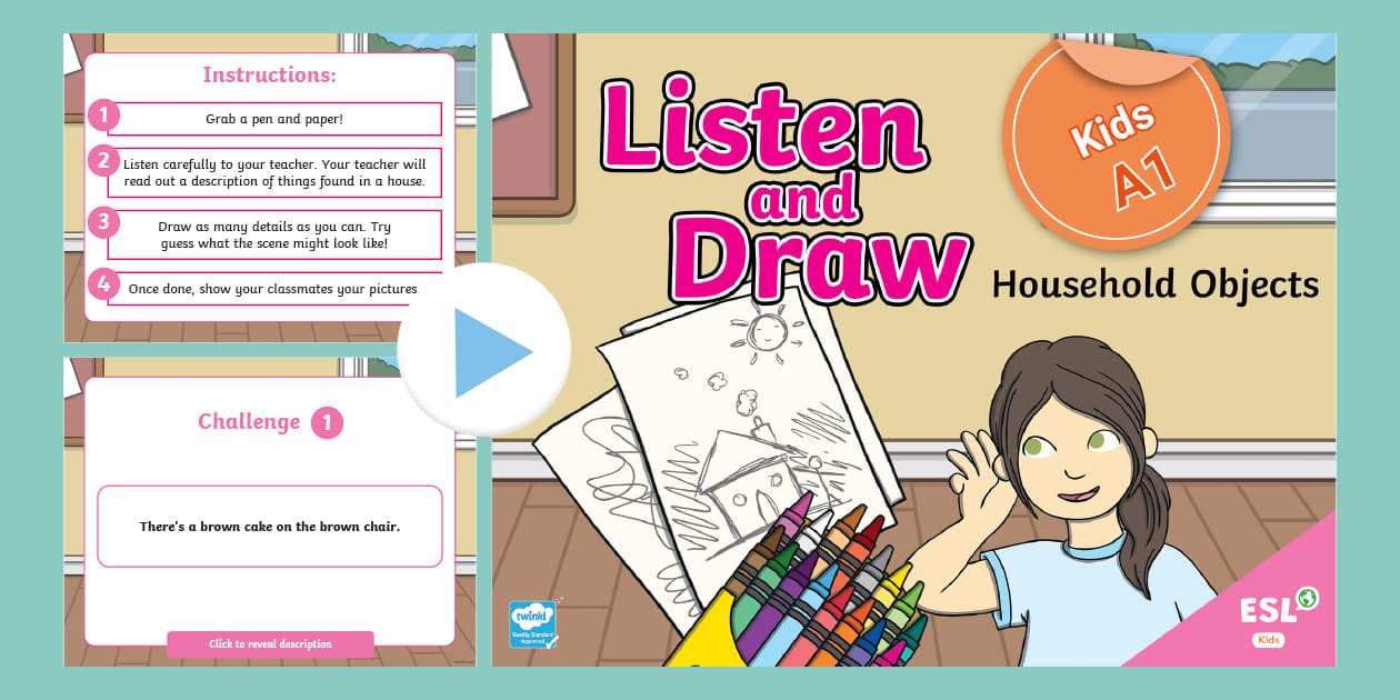 ESL Listen and Draw: Household Objects [Kids, A1] - Twinkl